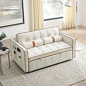 JEEOHEY Sleeper Sofa Couch w/Pull Out Bed, 55.5" New Upgraded Tufted Velvet Convertible Sleeper Sofa Bed, Small Love seat Sofa Bed w/ 2 Pillows for Small Space, Living Room, Apartment, Beige