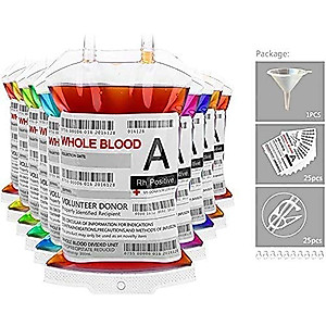 IV Blood Energy Bag for Drinks Halloween Theme Party, Costume Props Container 11.5oz With labels+clips (25pcs)