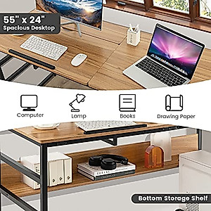 Tangkula 55-Inch Computer Desk, Drafting Table with Tiltable Desktop for Drawing Writing Reading Studying, Multifunctional Art Desk Craft Workstation with CPU Stand & Storage Shelf for Home Office