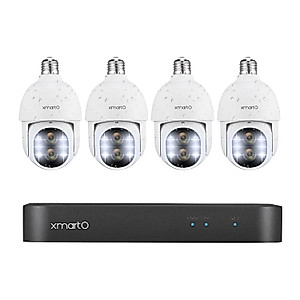 xmartO Dual-Lens 10X Zoom Light Bulb Security Camera System Wireless Outdoor with AI Auto Tracking Pan/Tilt/Zoom, 24/7 Auto-Following Monitor, E27 Power (4K 10CH 4-Camera Set)