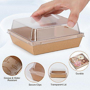 Charcuterie Boxes 20 Pack with Clear Lids, Square Disposable Paper Food Containers to Go Bakery Boxes for Strawberries, Cake Slice, Desserts, Donuts, Party, Wedding, Outdoors and Home Use (Brown)