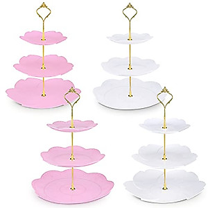 4 Packs 3 Tier Cupcake Stand Plastic Macaroon Stand Round Plastic Dessert Display Serving Tray Reusable Tea Party Stand for Wedding Birthday Tea Party(White, Pink)