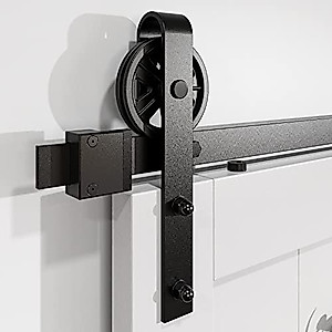 6FT Heavy Duty Sturdy Sliding Barn Door Hardware Kit-Smoothly and Quietly-Smoothly and Quietly- Easy to Install with Floor Guide and Handle - Fit 1 3/8-1 3/4" Thickness – Black (J Shape Hanger)