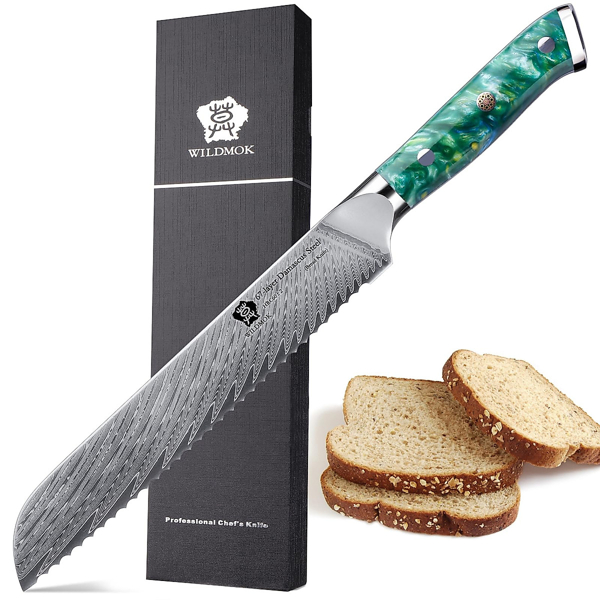 WILDMOK Serrated Bread Knife - 8 inch, Strong Resin Handle, 67 Layer Japanese VG10 Steel Slicer
