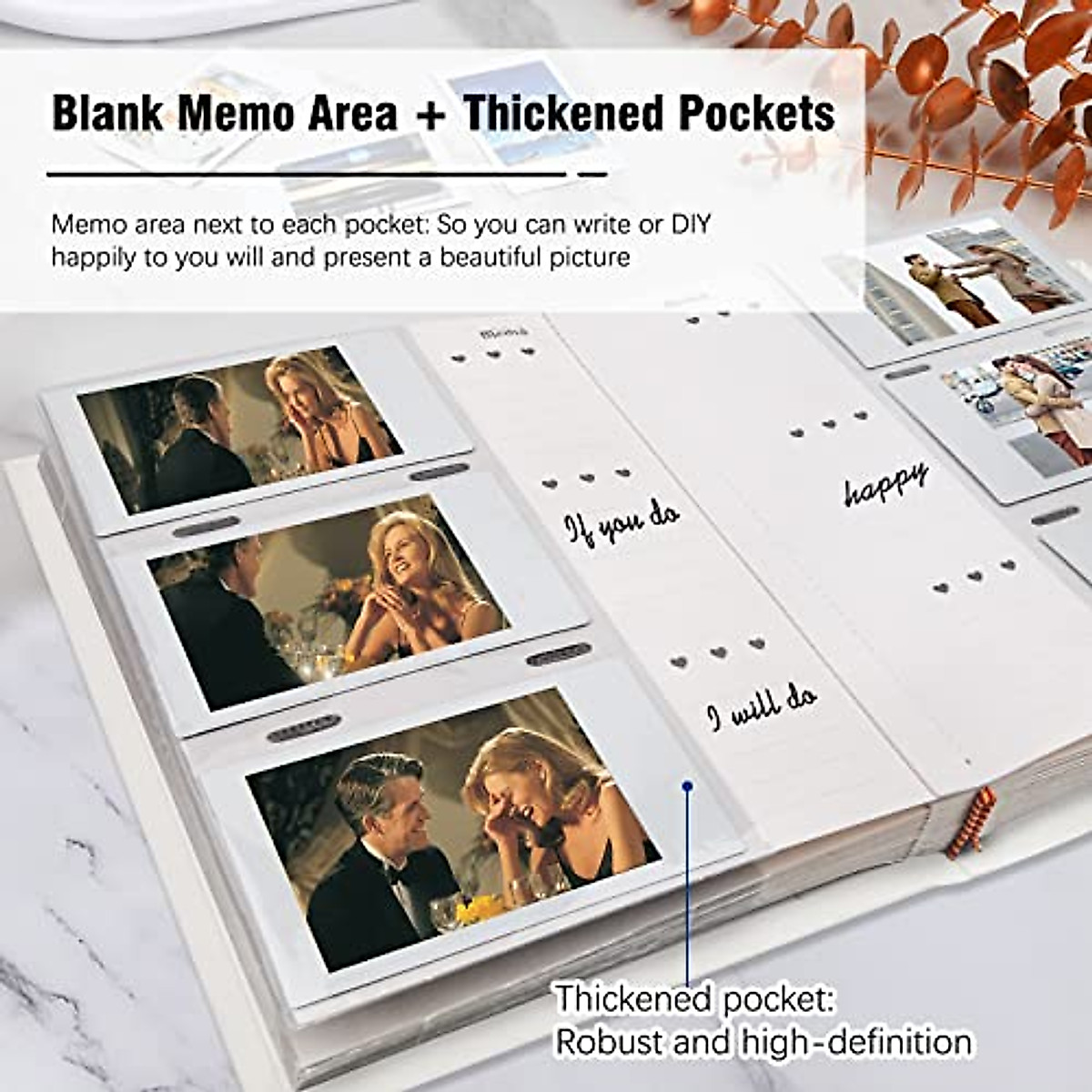 Photo Album for Fujifilm Instax Mini Camera, Polaroid Camera, Instax Photo Album with Memo Areas, 180 Pockets 2x3 Photo Album with Writing Space for Instax Mini 12 11 40 9 7+ Evo Liplay Camera,White