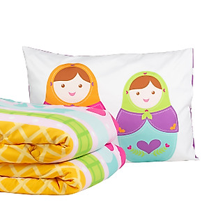 CLAUVINCK Truly Reversible & Ultra Soft Microfiber 2-Piece Room-in-a-Bag Toddler and Kids' Comforter Bedding Set for Girls, Nesting Dolls - Twin XL