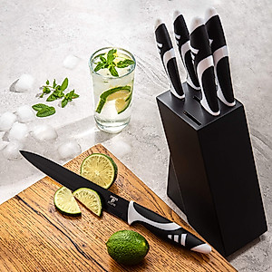 Moss & Stone Professional Kitchen Knife Chef Set, Knife Set With Block, Kitchen Knife Set Black Titanium Plated Stainless Steel Scratch Resistant & Rust Proof, 7pcs Sharp Kitchen Knives.