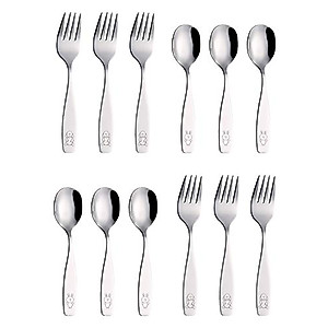 ANNOVA Kids Silverware 12 Pieces Children's Safe Flatware Set Stainless Steel - 6 x Safe Forks, 6 x Children Dinner Spoons, Toddler Utensils, Metal Cutlery Set for Lunchbox (Engraved Dog Bunny)