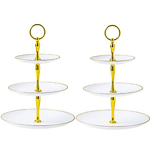 3 Tier Cupcake Stand, Plastic Tiered Serving Stand, Dessert Tower Tray for Tea Party, Baby Shower and Wedding, 2 Pack, White & Gold