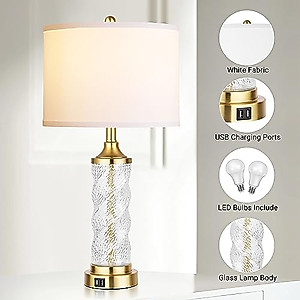 QiMH Gold Lamps for Bedroom Set of 2, Touch Control Table Lamps for Living Room with Dual USB Charging Ports, 3-Way Dimmable Bedside Lamp with White Drum Lamp Shade Home Decor (Bulbs Included)
