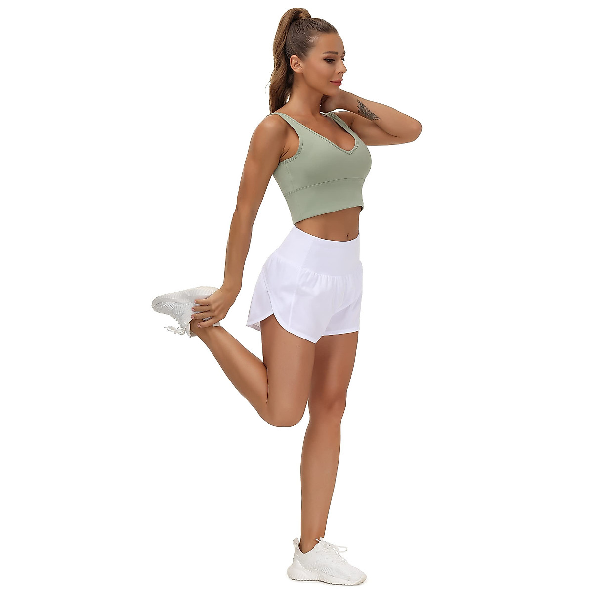 THE GYM PEOPLE Womens High Waisted Running Shorts Quick Dry Athletic Workout Shorts with Mesh Liner Zipper Pockets (White, Large)