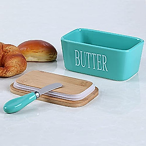 Ceramic Butter Dish with Wooden Lid, Lxmons Large Butter Container Keeper Storage with Stainless Steel Butter Knife Spreader, Bamboo Cover and Silicone Sealing Ring for West East Coast Butter, Green