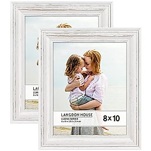 Langdon House 8x10 Real Wood Picture Frames (Weathered White - Gold Accents, 2 Pack), French Country Style Wooden Photo Frame 8 x 10, Lumina Collection