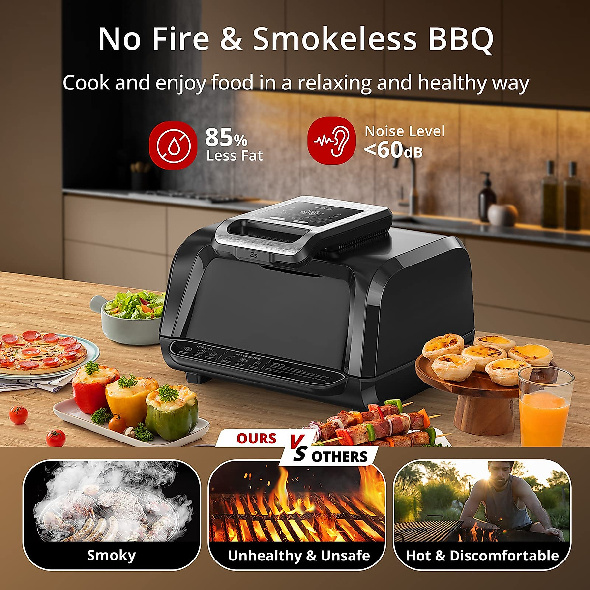 Indoor Grill Smokeless, Air Fryer Grill Combo with Adjustable Temperature to 450°F, Electric Grill with Viewing Window, Removable Nonstick Grate, Fast and Even Heating, 4Qt for Family, with Tongs