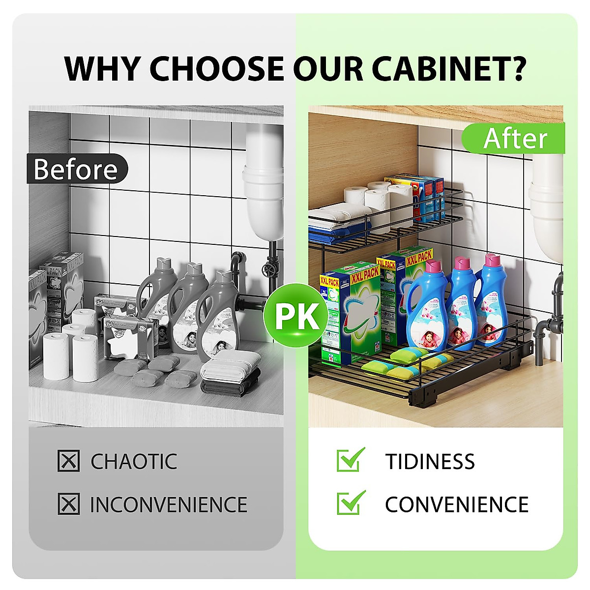 AHNR Pull Out Cabinet Organizer, 2 Tier Under Kitchen Sink Organizers and Storage Cabinet Slide Out Shelves, Pull Out Drawers for Kitchen Cabinets - 12.6W x 16.5D x 13H, Black