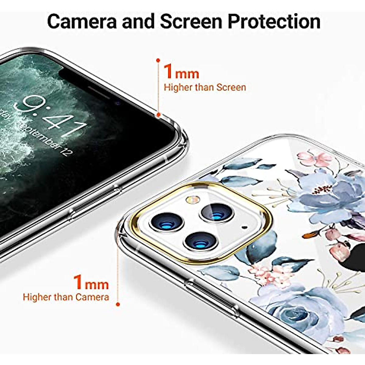 luolnh iPhone 11 Pro Case,iPhone 11 Pro Cute Case with Flowers,for Girly Women,Shockproof Clear Floral Pattern Hard Back Cover for iPhone 11 Pro 5.8 inch 2019 -Blue