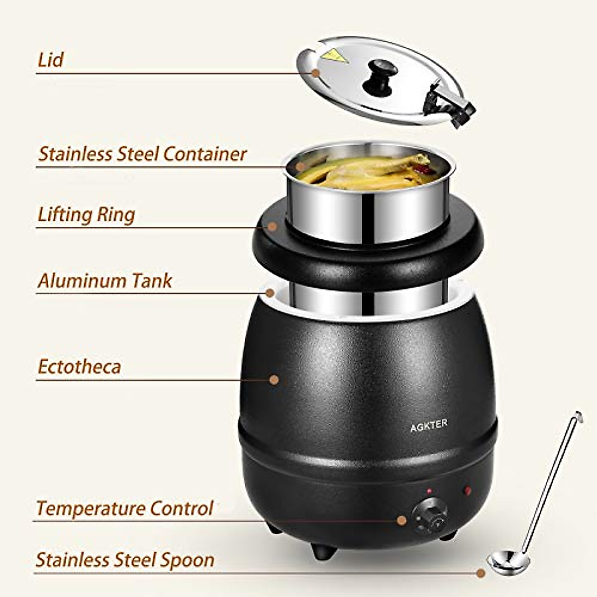 Agkter Electric Soup Warmer With Spoon 10.5-Quart Black