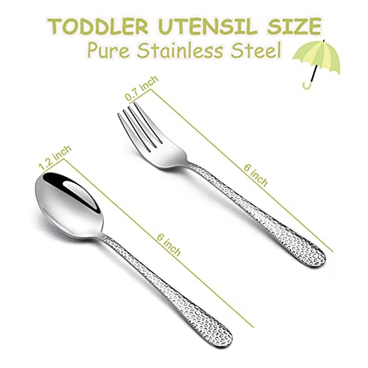 TeamFar Toddler Utensils, Stainless Steel Kids Silverware Children Spoons & Forks for Self Feeding at Home & Preschool, Healthy, Mirror Polished & Hammered Handle, Dishwasher Safe, Set of 6