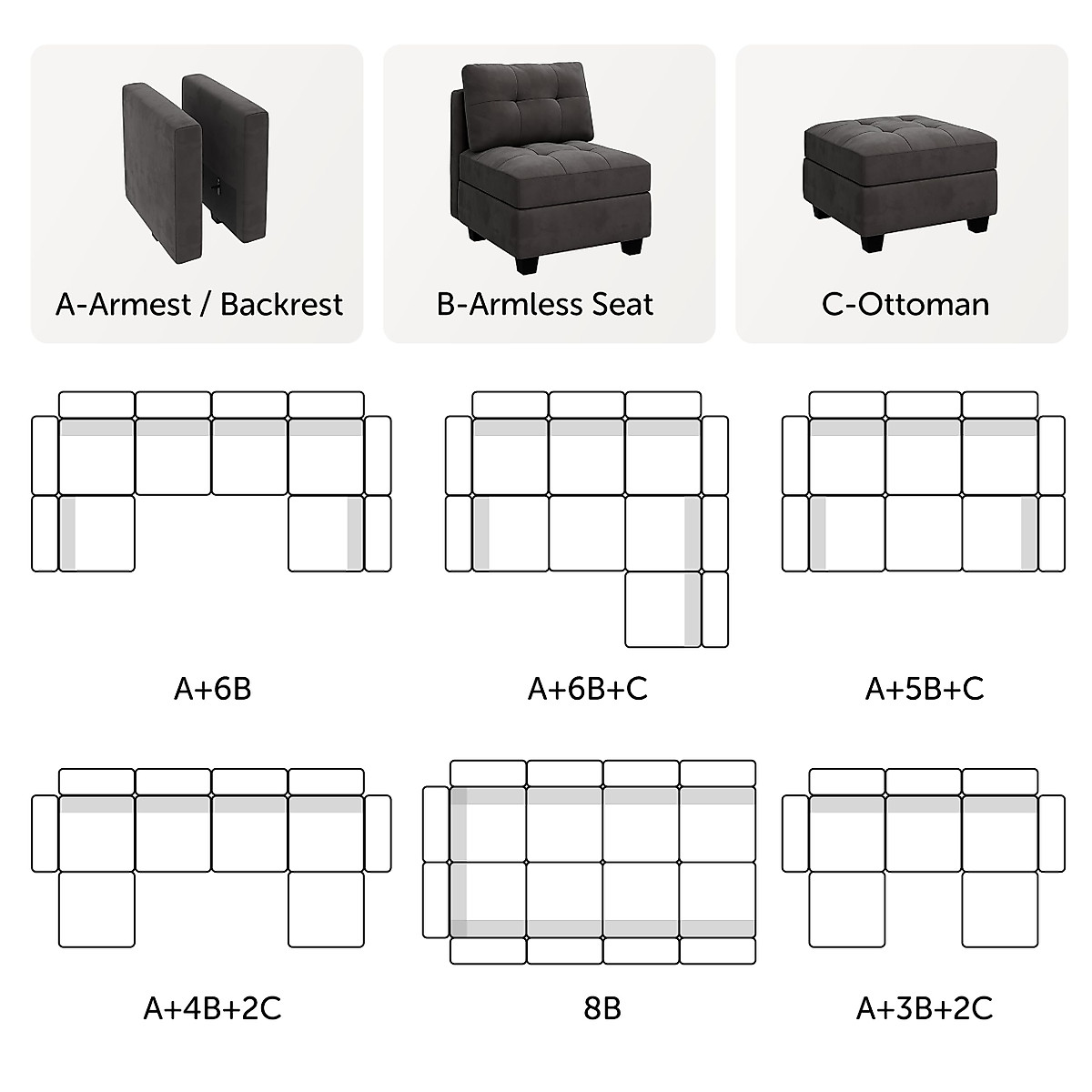 HONBAY Armrest Backrest Module for Velvet Modular Sectional Sofa, Grey