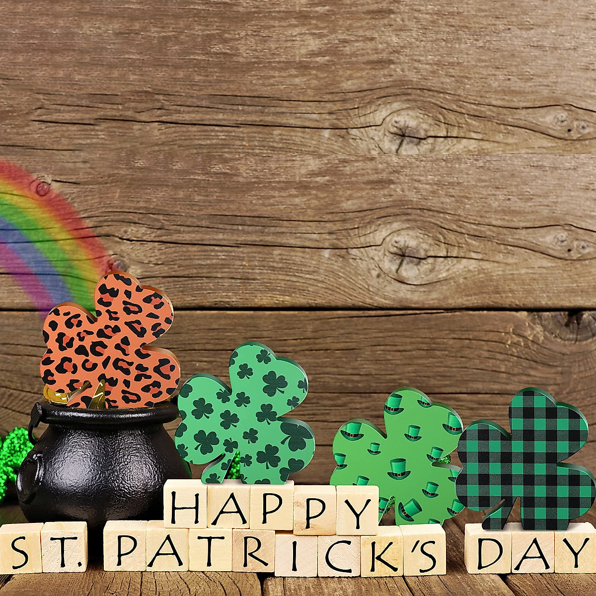4 Pieces St Patricks Day Table Wooden Signs Shamrock Wooden Signs St. Patrick Table Decorations Irish Lucky Table Centerpiece for Home Fireplace Tiered Tray Decor (Cool Style)
