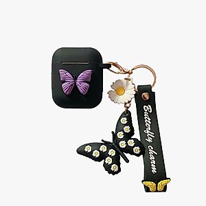 Heniu for Airpod Case, 3D Butterfly Silicone Airpods Case Cute Cover with Keychain Compatible for Apple Airpods 2&1 Charging Case-Black