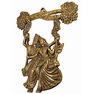 Wall Hanging Metal Radha Krishna Jhula Idol Statue (13 Inches Height, Golden)