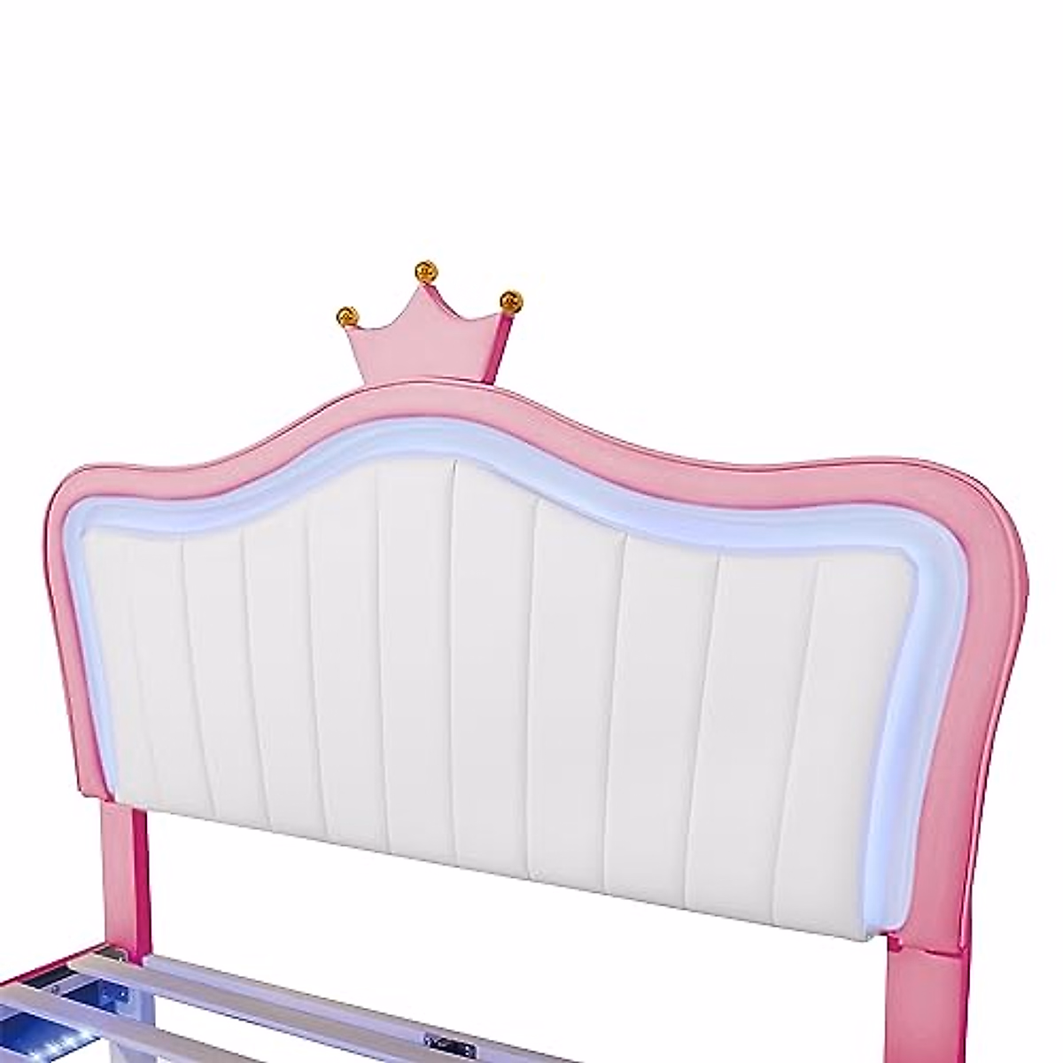 Upholstered Princess Bed Platform Bed, Full Size Fun Cute Bed Frame with Adjustable Crown Shaped Headboard and LED Lights, Kids Bedroom Furniture Princess Bed Upholstered Bed (White + Pink)
