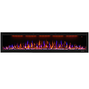 Dreamflame Electric Fireplace 74 inch, Recessed Wall Mounted Fireplace Heater, Logs & Crystal, Multicolor Flame Combinations, Overheating Protection, Black (74")
