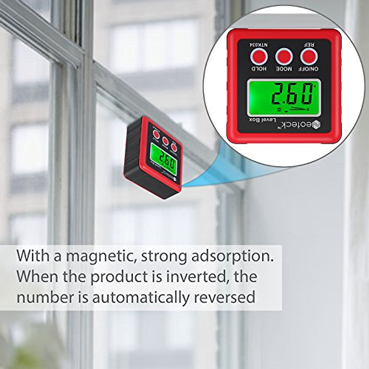 Neoteck Digital Angle Finder, Backlight LCD Digital Angle Gauge Protractor Inclinometer Bevel Box, Magnetic Base, Data Hold, IP54 Dust and Water Resistant- Red