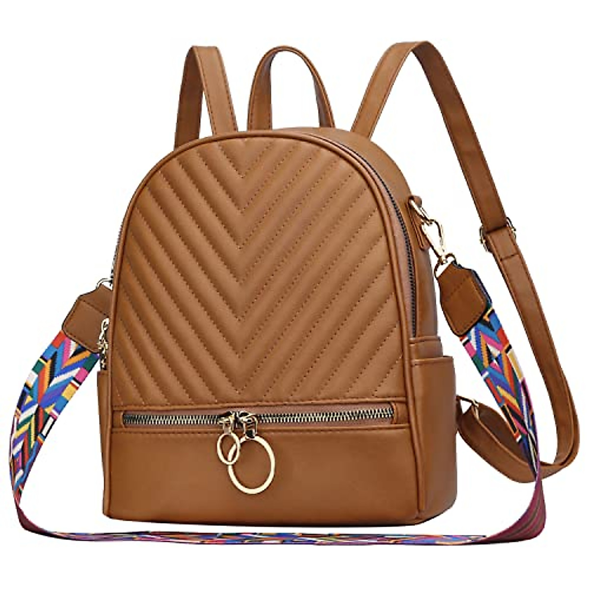 KKXIU Convertible Mini Leather Backpack Purse For Women and Ladies Small Quilted Daypack with Colorful Strap (A-brown)