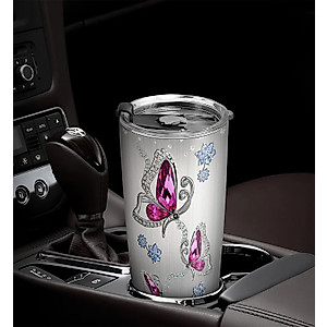 20oz Jewelry Crystal Butterfly Tumbler, Gifts for Butterfly Lovers, Coffee Thermos for Women, Stainless Steel Double Wall Vacuum Insulated Coffee Mug, Travel Cup with Lid