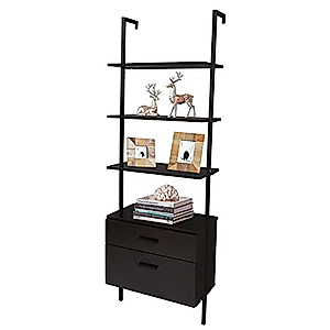 Industrial Bookshelf with Wood Drawers and Matte Steel Frame,Wood Metal Ladder Bookshelf, Industrial 5-Tier Black Bookcase with Storage Cabinet,for Living Room, Shelves for Storage Bedroom