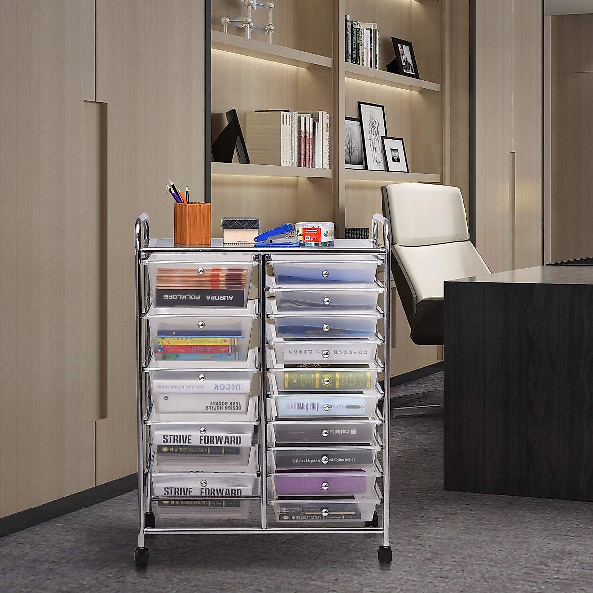 Giantex 15 Drawer Rolling Storage Cart Tools Scrapbook Paper Office School Organizer, Clear