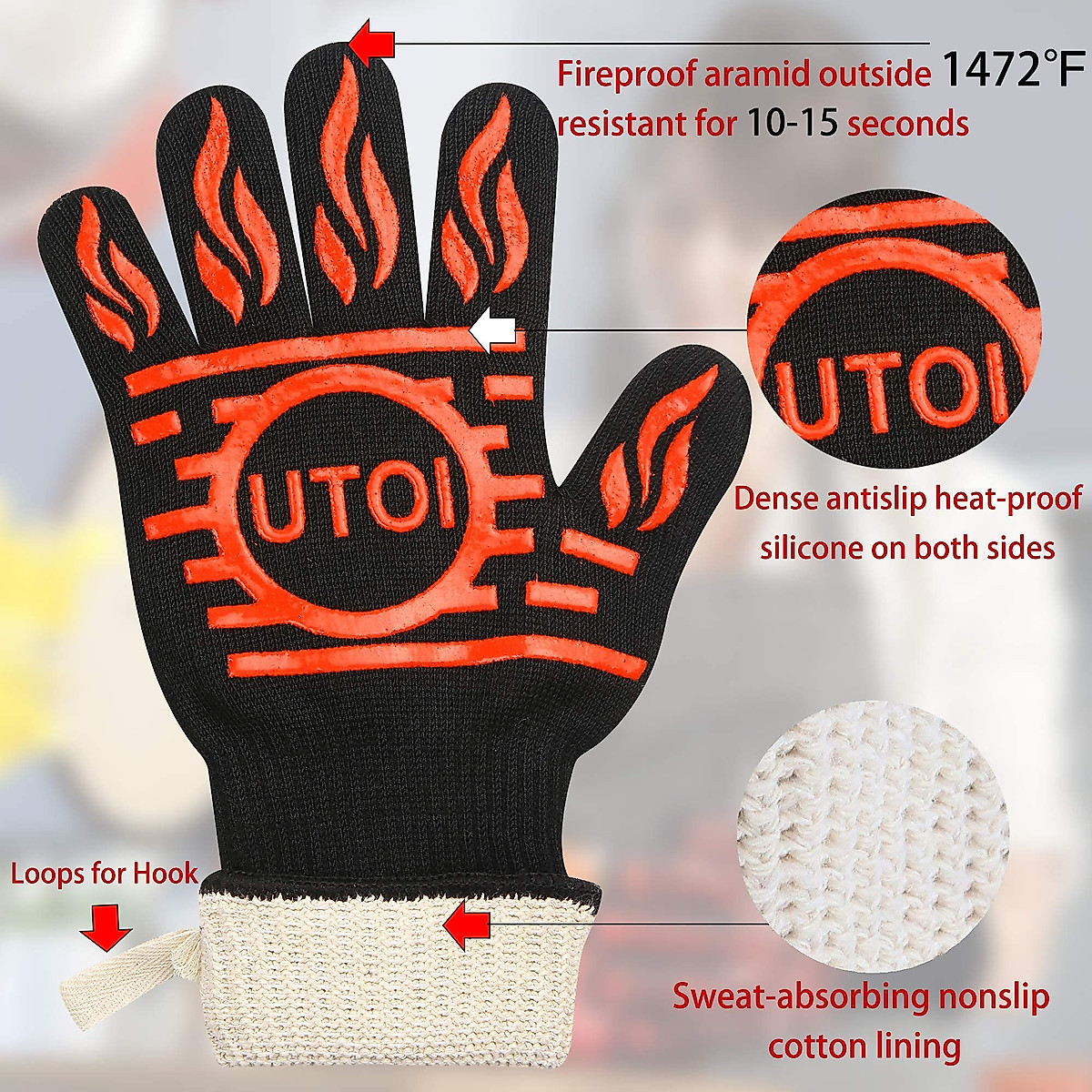 UTOI BBQ Grill Accessories Kit, 1472°F Heat Resistant BBQ Gloves Oven Mitts & Meat Shredder Claws & Silicone Sauce Basting Brush for Safe Grilling, Baking, Barbecue, Smoker & Outdoor Cooking