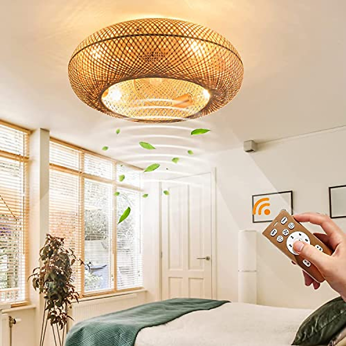 SaWaUto 20 Inch Cage Ceiling Fan, Farmhouse Low Profile Ceiling Fan with Remote Control, Mute Motor w/ Remote Control Flush Mount Ceiling Fan Lighting Fixture for Bedroom Living Room Kitchen