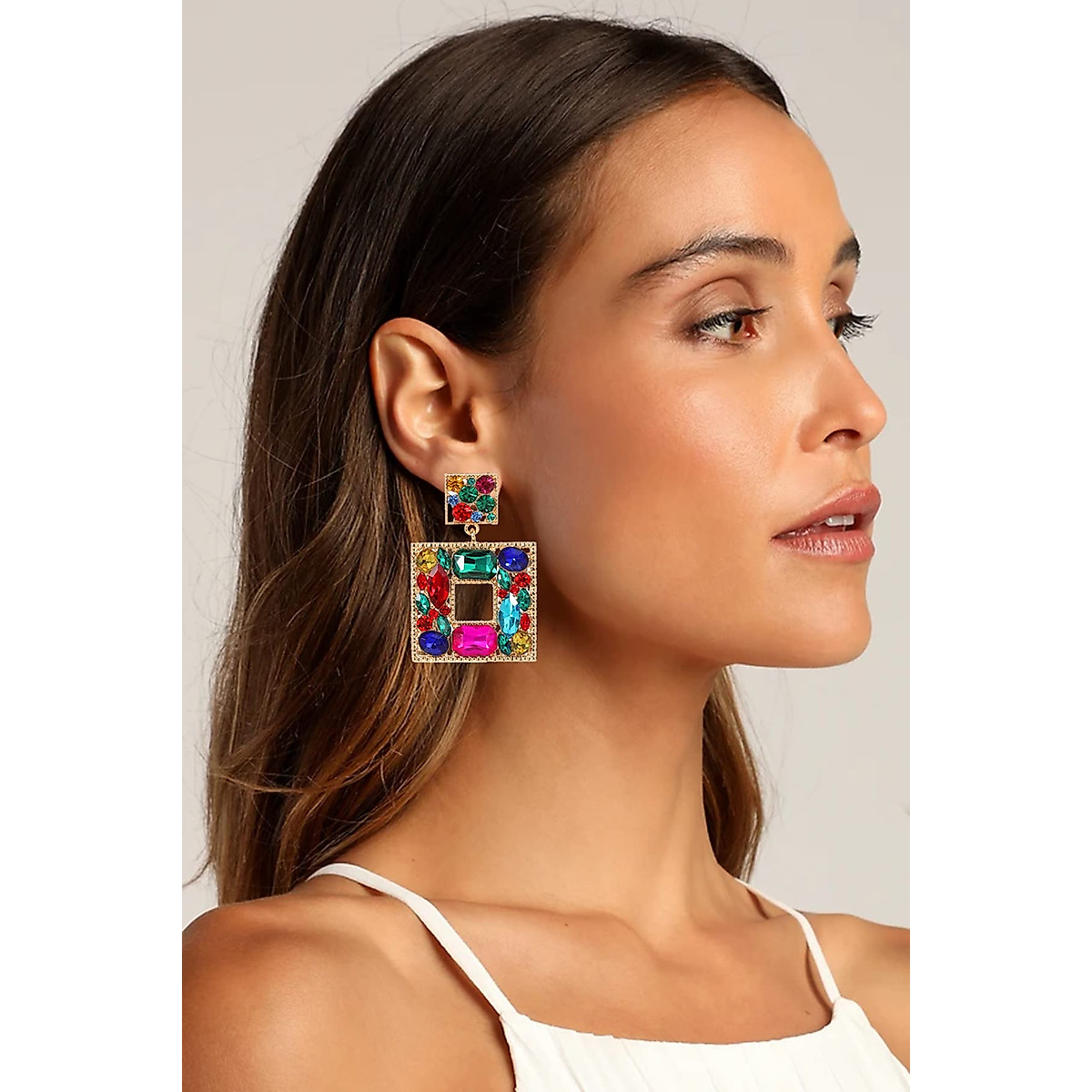 Canboer Colorful Rhinestone Square Dangle Earrings Sparkly Crystal Geometric Drop Statement Earrings Hypoallergenic for Women Party Prom