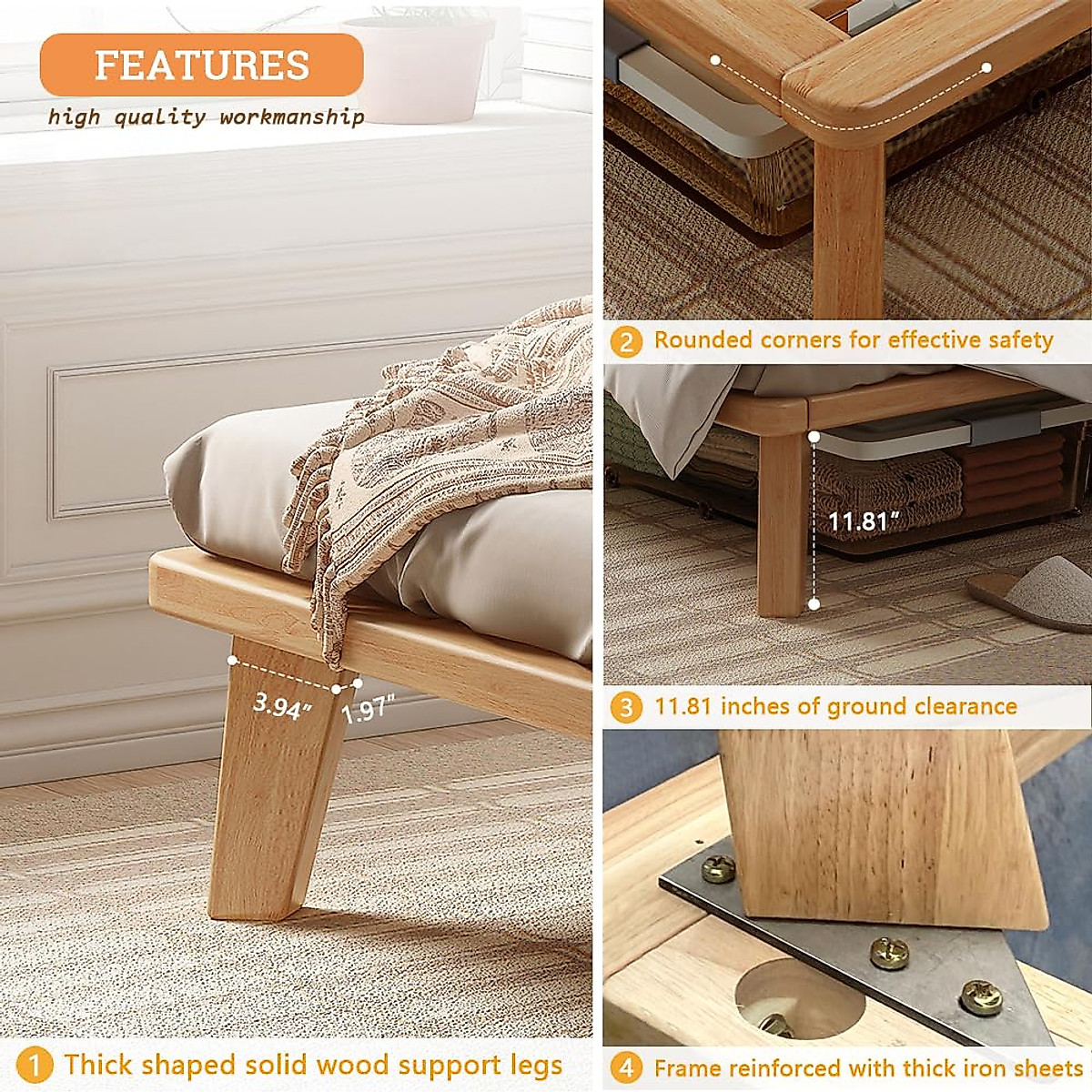 NELYE Queen Platform Bed Base - 14 Inch Solid Wood Mattress Foundation with Support Slats and Legs, Queen-Size Rubberwood Simple Bed Frame