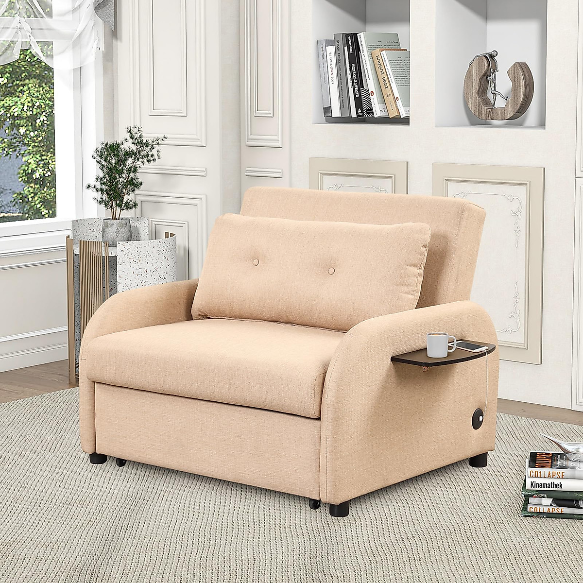 NOLLAM Pull Out Sleeper Sofa Bed with 2 Wing Table and USB Charge, Linen Fabric Single Sofa Chair Bed, Convertible Sofa Chair 3-in-1, Sleeper Chair Bed for Living Room Apartment Office, Beige Couch