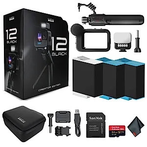 Go Pro HERO12 Black Creator Edition - Includes Volta (Battery Grip, Tripod, Remote), Media Mod, Light Mod, Enduro Battery - Waterproof Action Camera + 64GB Extreme Pro Card and 2 Extra Batteries