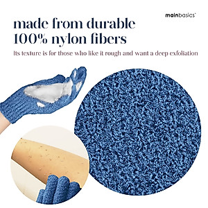 MainBasics Exfoliating Bath Gloves for Shower Heavy-Textured Nylon Fiber Body Exfoliator Scrub Gloves - Hanging Loop, Stretchy Design, Machine Washable (1 Pair, Pigeon Blue)