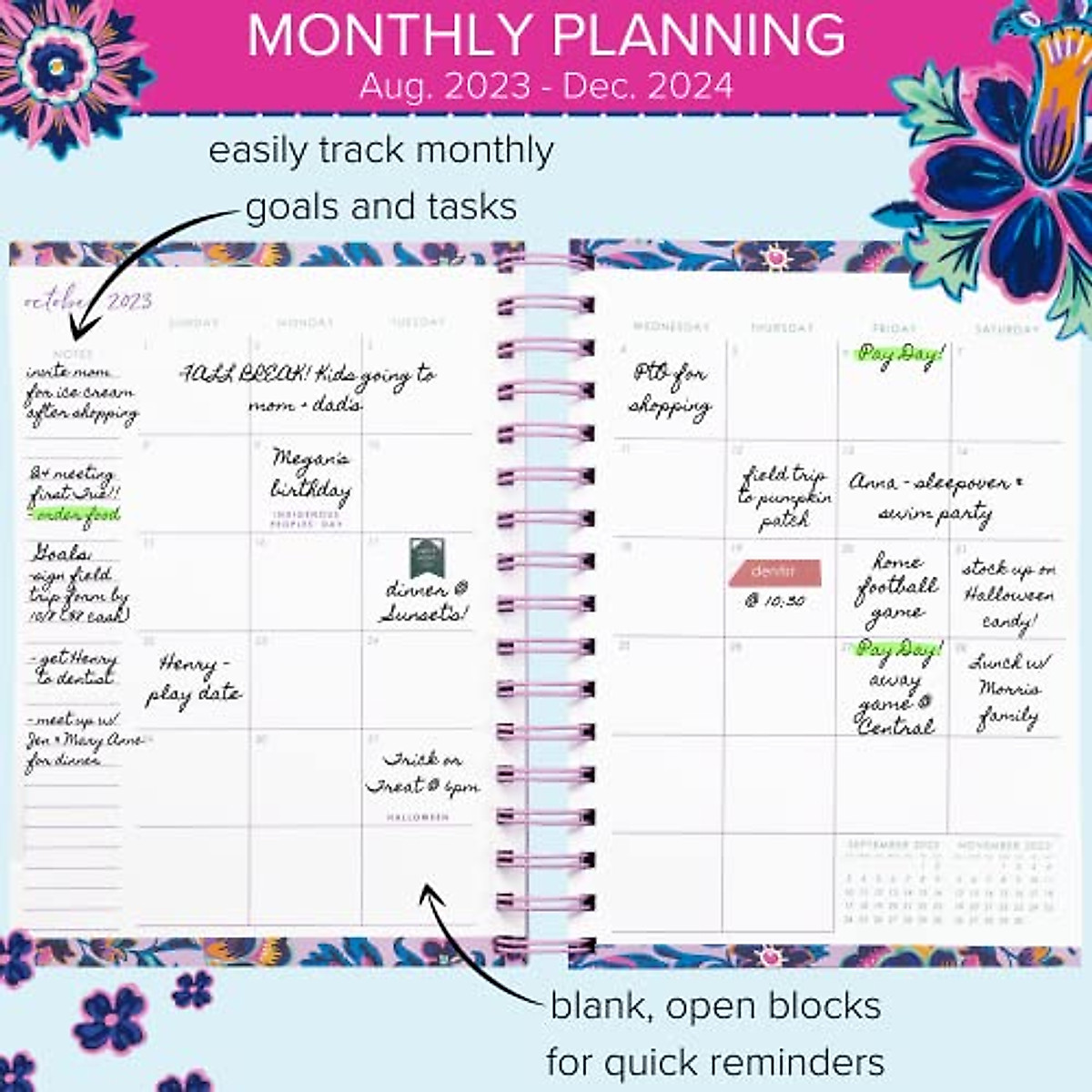 Vera Bradley Hardcover Daily Planner 2023-2024, Spiral Planner Dated August 2023 - December 2024, Medium Size Cute Planner, Weekly Planner with Monthly Calendar, Stickers, & Pockets, Cloud Vine Multi