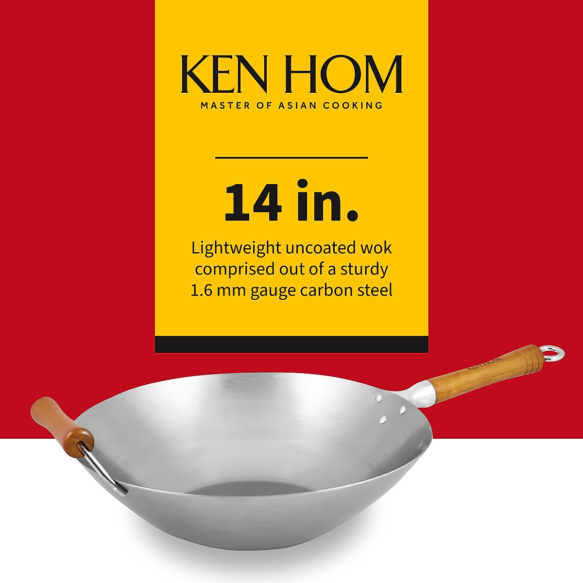 Ken Hom Excellence Carbon Steel Uncoated Wok - Uncoated Carbon Steel Wok - Stir-Frying Wok & Pan - Hand Wash Only - 14 inches