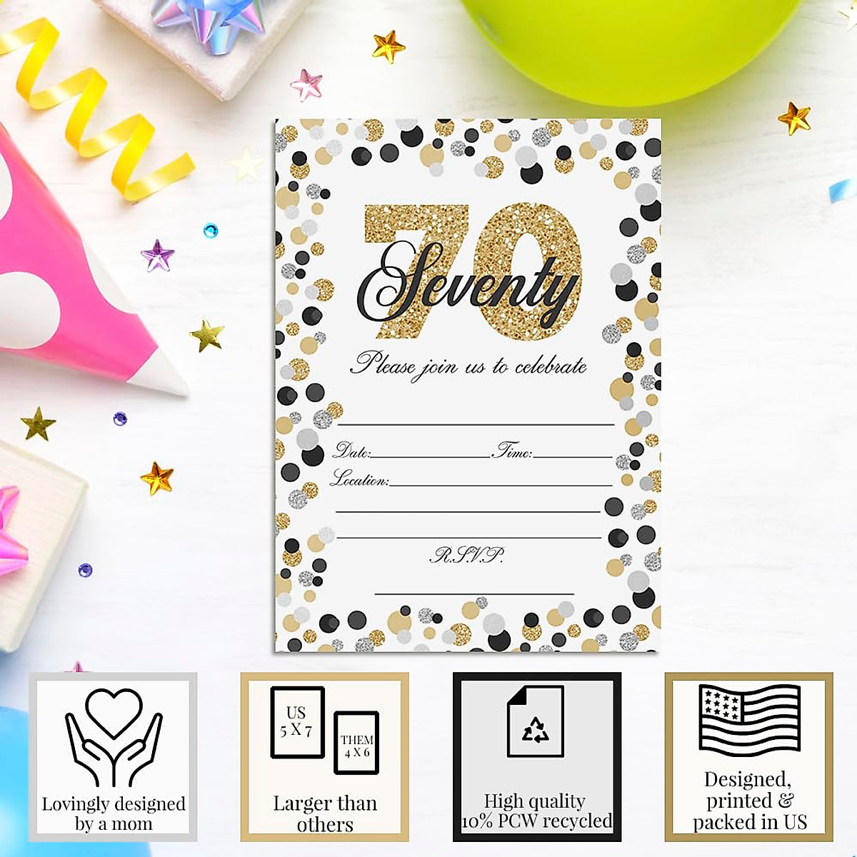 Confetti Polka Dot 70th Birthday Party Invitations, 20 5x7 Fill In Cards with Twenty White Envelopes by AmandaCreation