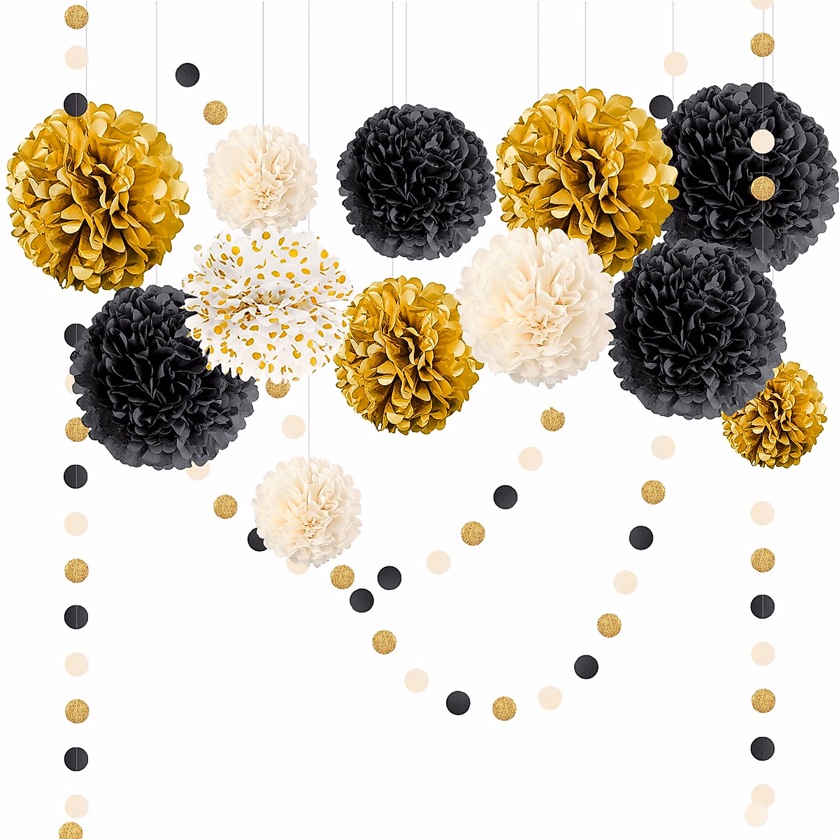 NICROLANDEE Black Gold Party Decorations, 15 PCS Tissue Paper Pom Poms Kit for 2025 New Year Party, Wedding, Birthday, Engagement, Graduation Party Decor, Paper Garland Flower Ball Ceiling Wall Decor