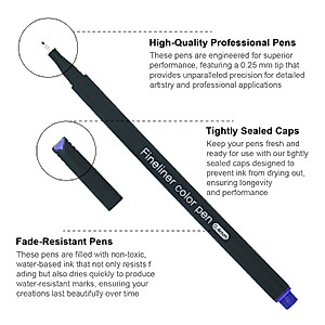 Belenova Fineliner Pens, Set of 24 Fineliners, 0.4 mm Tips Fine Point Markers, Assorted Art Pens, Water-Based Fine Tip Markers for Drawing, Sketching, Journaling and Calligraphy.