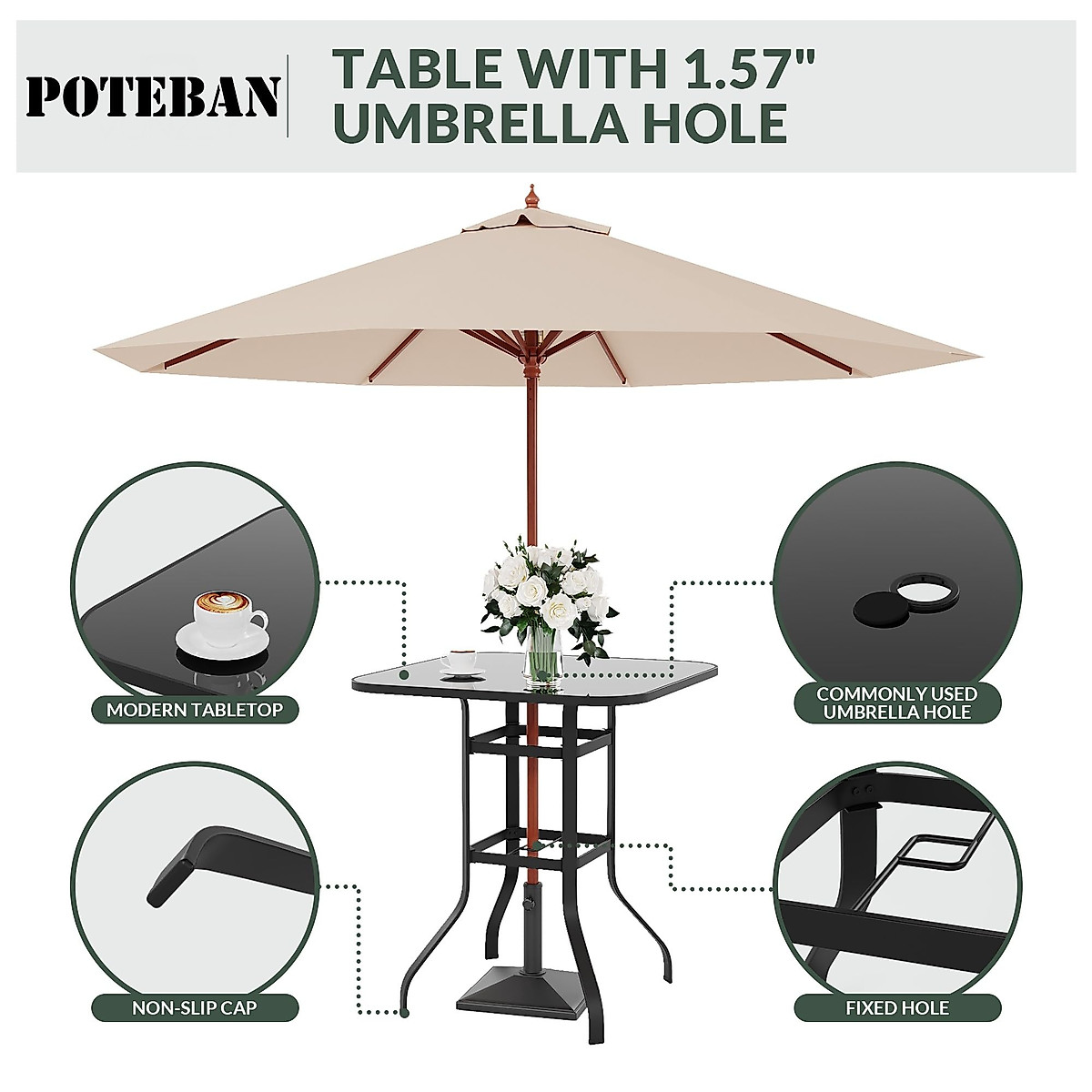 Poteban Outdoor Bar Height Table and Chairs Set for 2, All Weather Patio High Top Bar Set with 2 Bar Chairs and Glass Table for Backyard, Bistro, Lawn, Porch and Pool (Brown)
