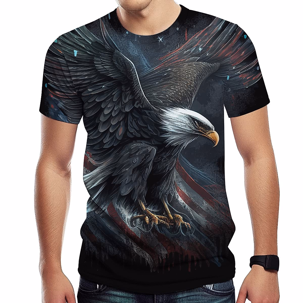 TiwBski Novelty American Flag T-Shirts for Men Eagle Graphic Shirt with Short Sleeves,Black3,XL