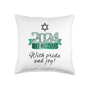 2024 Bar Mitzvah Gifts & Decorations For Boys 2024 Bar Mitzvah Pride & Joy I White Turquoise Banner Decor Throw Pillow, 16x16, Multicolor