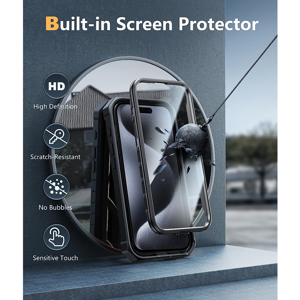 FNTCASE for iPhone 15-Pro-Max Case: Military Grade Drop Proof Rugged Protective Cell Phone Cover with Kickstand & Built-in Protector | Matte Textured Shockproof TPU Hybrid Bumper Cases (Black)