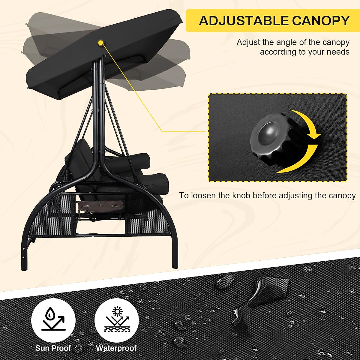 FKLUG 3-Seat Outdoor Porch Swing,2-in-1 Convertible Patio Swing Bed,Outdoor Patio Swing Chair w/Cushions,Pillows,Side Tray and Adjustable Canopy for Outside,Porch,Backyard,Garden(Black)